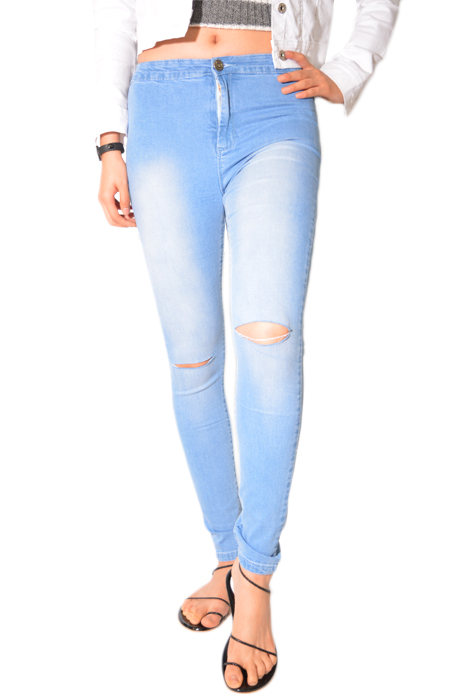 Wakee Light Blue High Rise Jeans With Fade Detail And Ripped Knee ...