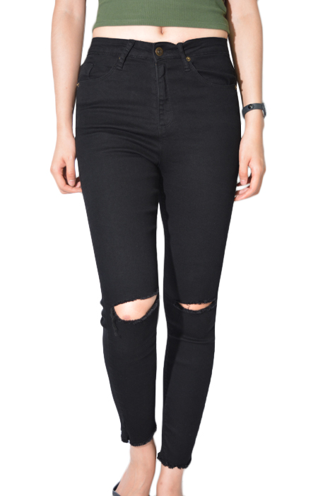 Wakee Black High Rise Ripped Knee Jeans With Frayed Cuff 10097 ...