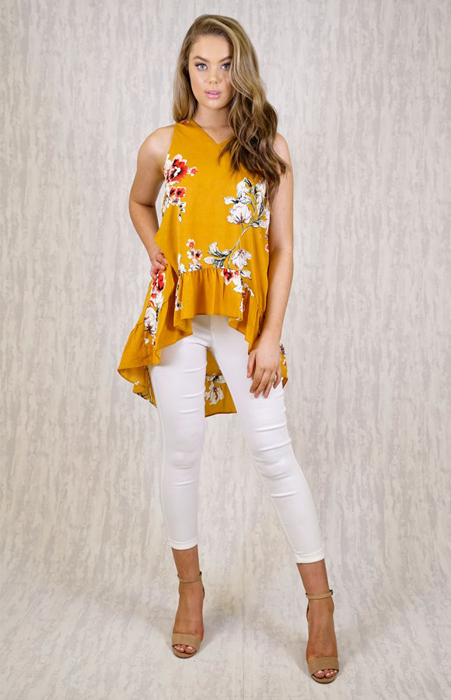 Mustard Frill High Low Top With Floral Print - Fashion Jam Essentials