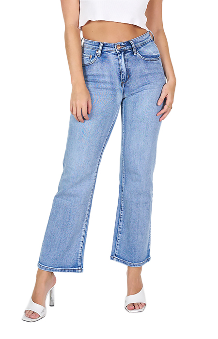 Wakee Soft Washed Blue Wide Leg Jeans With Rose Gold Button